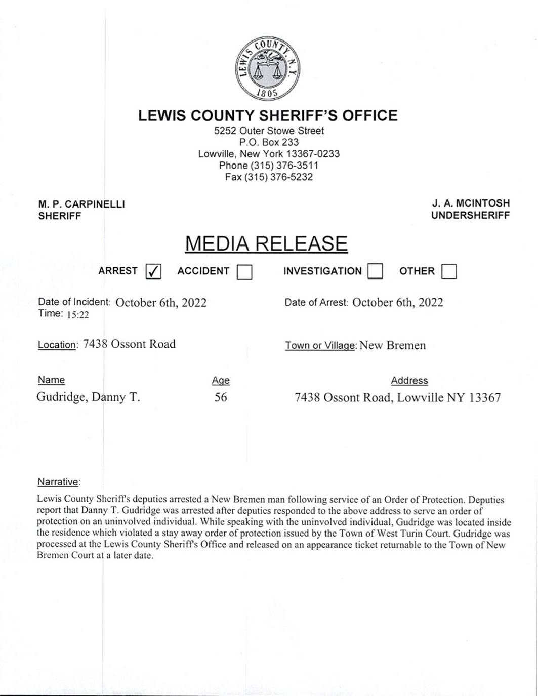 LCSO: Town of New Bremen Man Accused of Violating Court Issued Order of ...