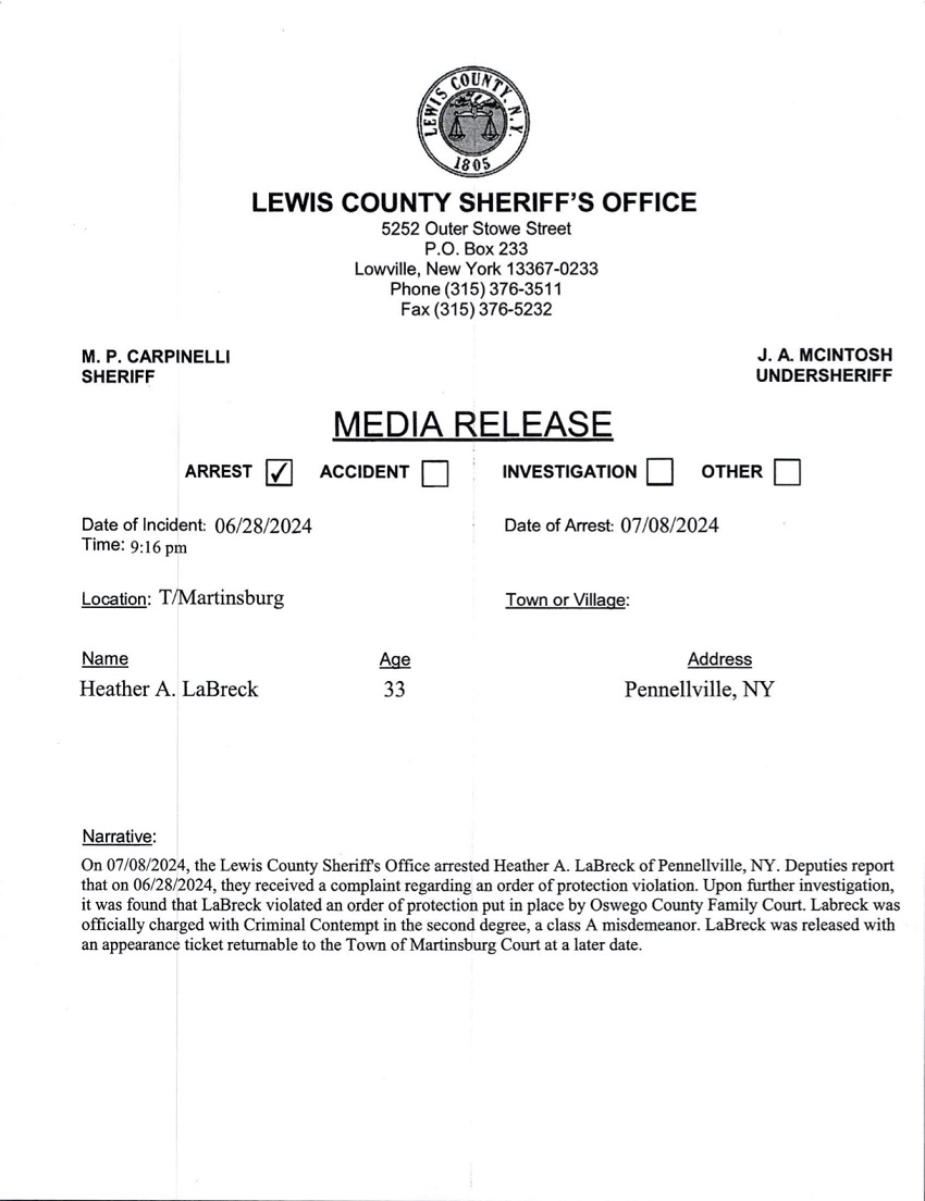 LCSO: Oswego County Resident Charged with Violating Court Order of ...