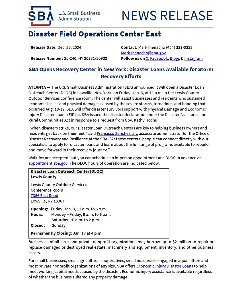 SBA Opening Disaster Loan Outreach Center in Lowville January 3-17 to ...