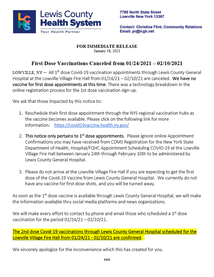 First Dose COVID-19 Vaccination Appointments Through LCGH Scheduled for ...