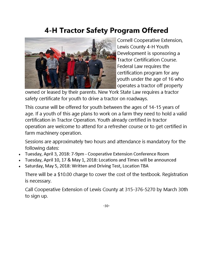 Tractor Safety Certification Course Set to Begin April 2
