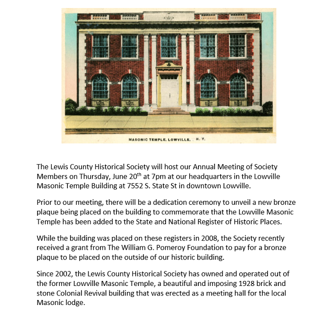 Historical Society to Unveil Bronze Plaque June 20 Recognizing Building ...